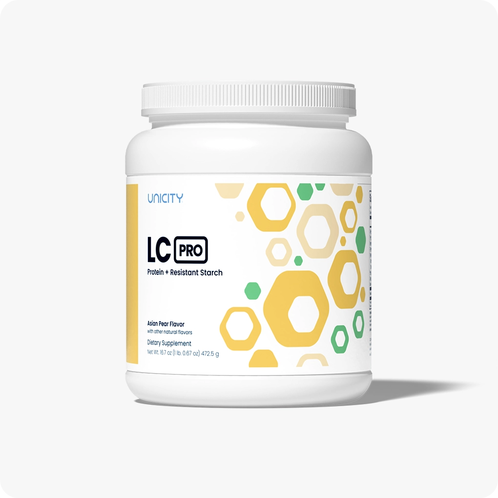 Contenedor de Unicity LC PRO con proteína de suero y almidón resistente para la salud metabólica ...