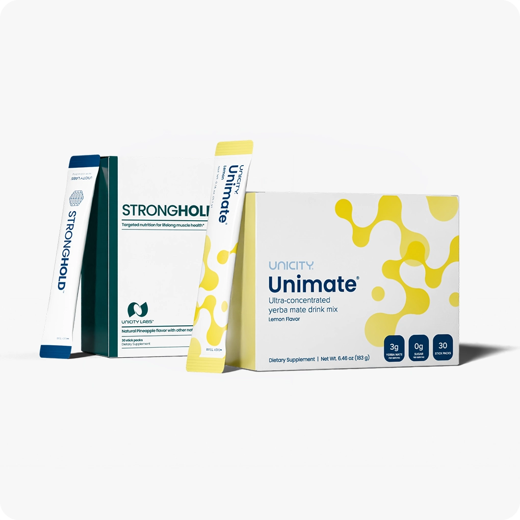 Unimate Natural Lemon and STRONGHOLD boxes with stick packs beside each – daily energy and ...