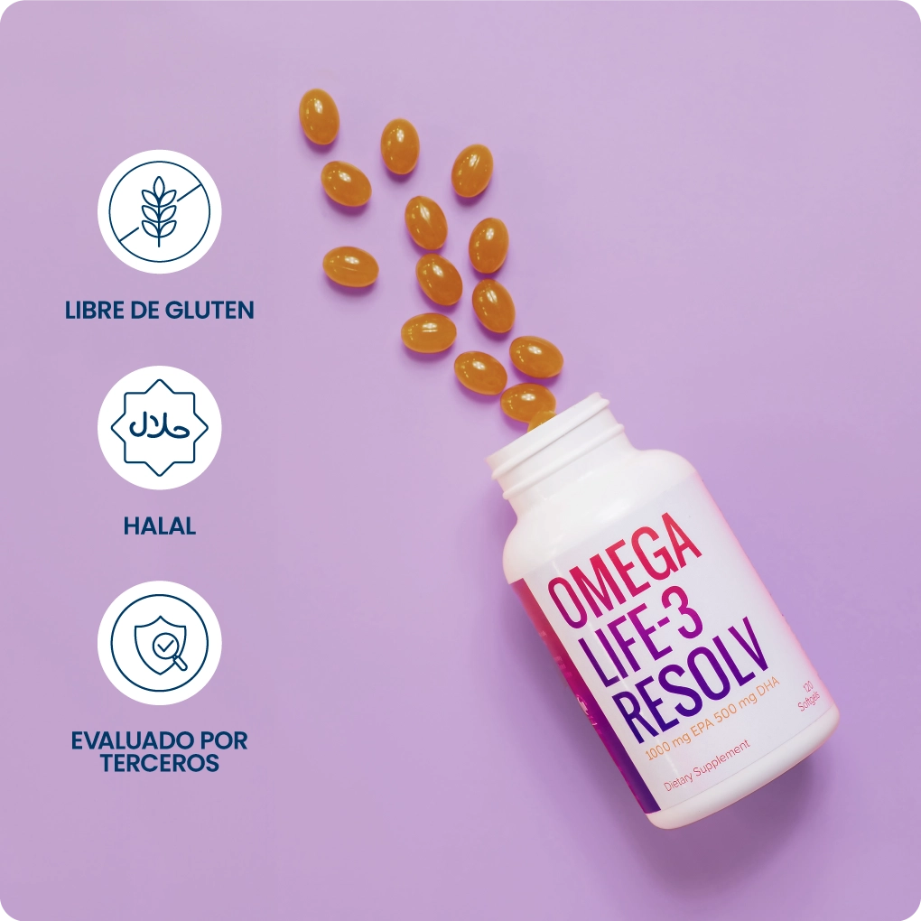 Botella de OmegaLife-3 Resolv de Unicity de lado con cápsulas blandas ...