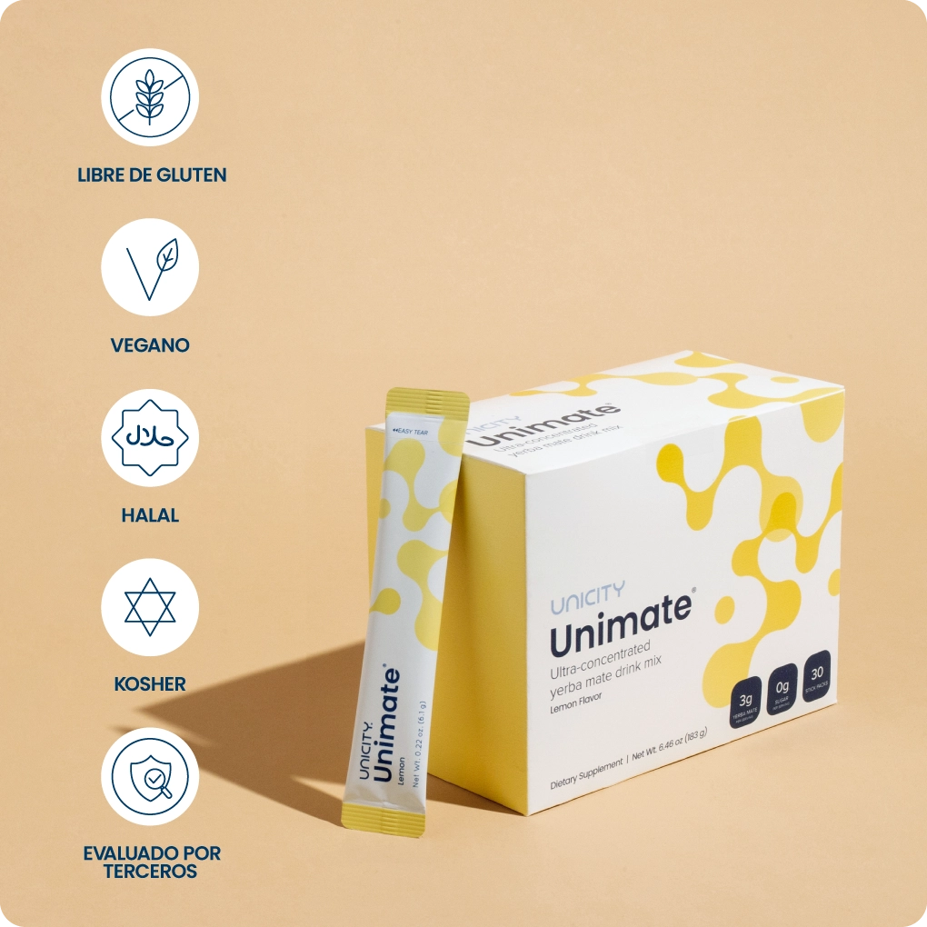 Caja y sobre de Unimate Lemon con etiquetas de certificación
