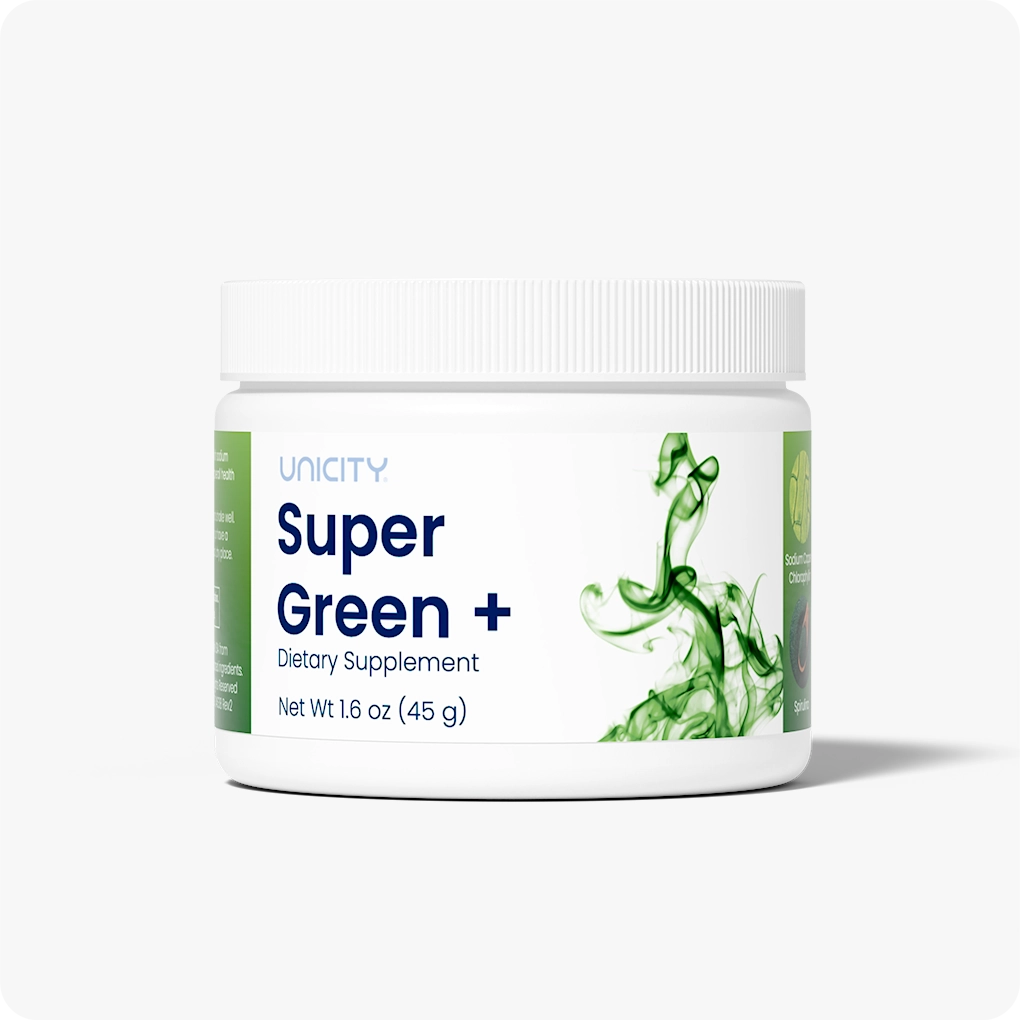 Unicity SuperGreen+ container with chlorophyllin, spirulina, and niacin ...
